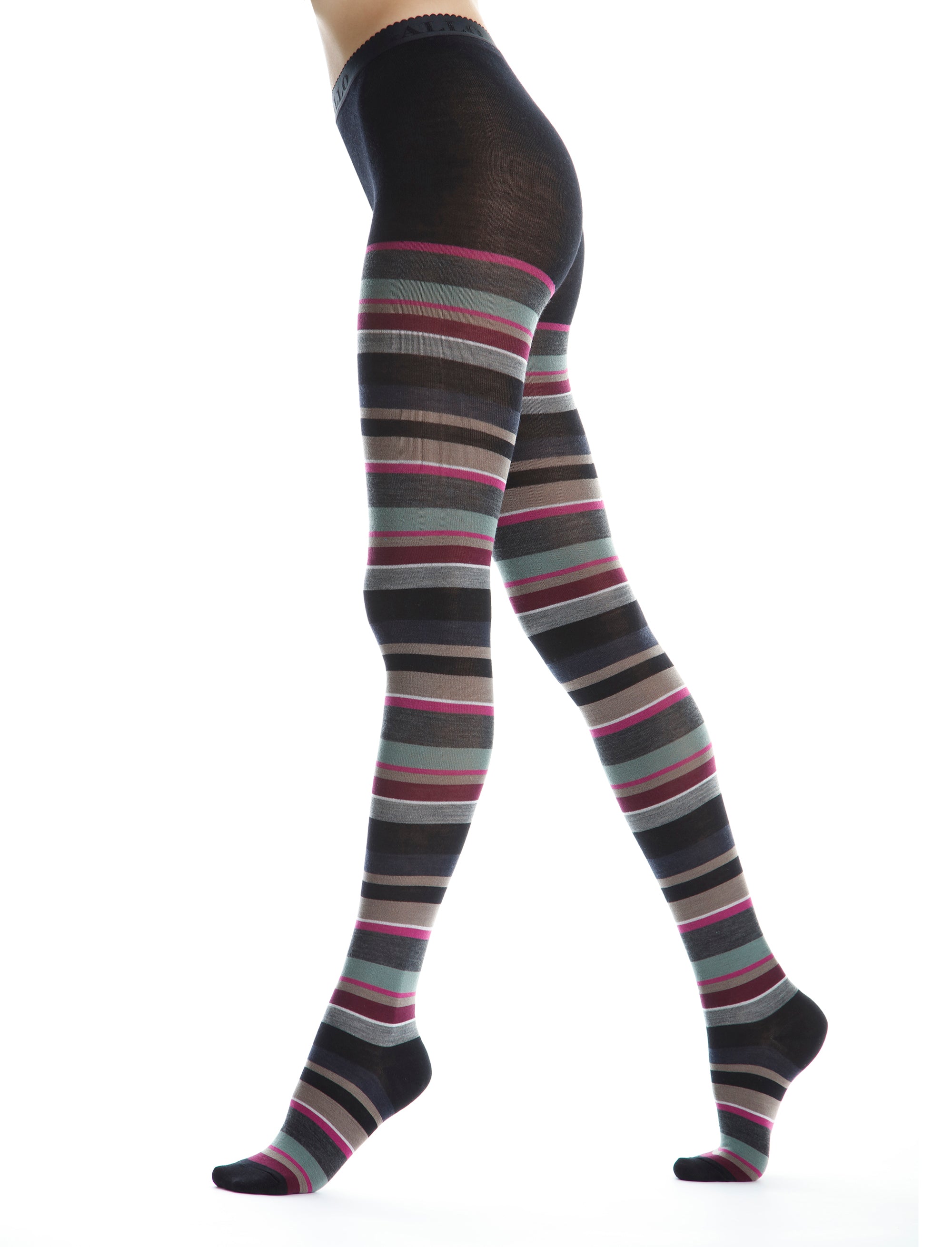 Women's black wool tights with multicoloured stripes | Gallo