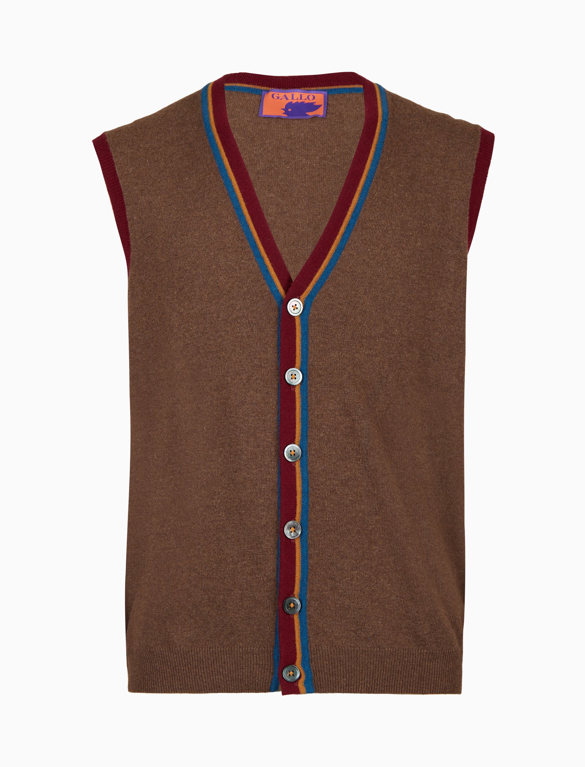 Men's plain brown wool, viscose and cashmere vest with buttons | Gallo